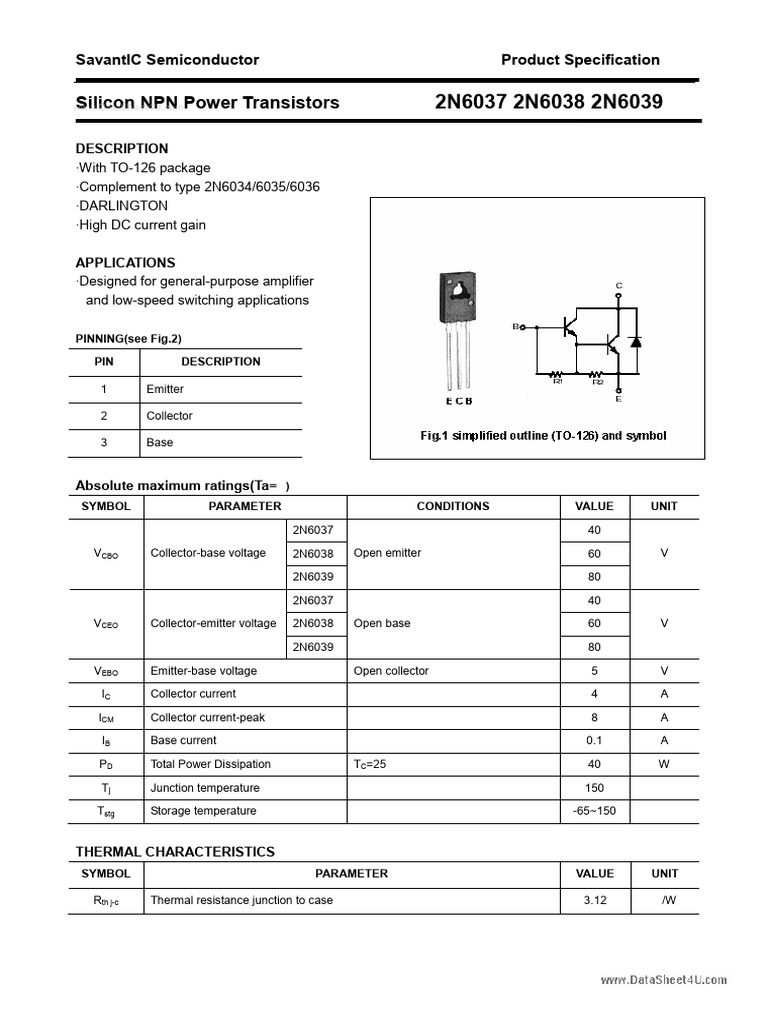 NPN Power Transistors 2N6037-2N6039 Specs | PDF | Bipolar Junction ...