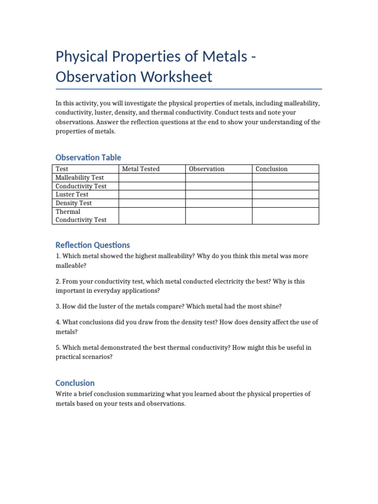 Physical Properties of Metals Observation Worksheet With Reflection | PDF