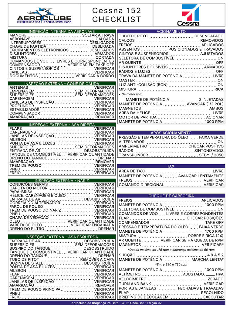Checklist Cessna 152 - Aeroclube Bragança | PDF | Flap (Aeronáutica ...