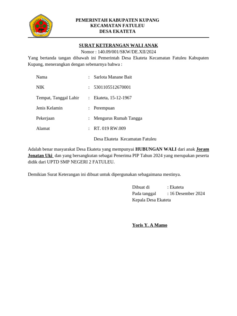 Surat Keterangan Wali Anak 2024 | PDF