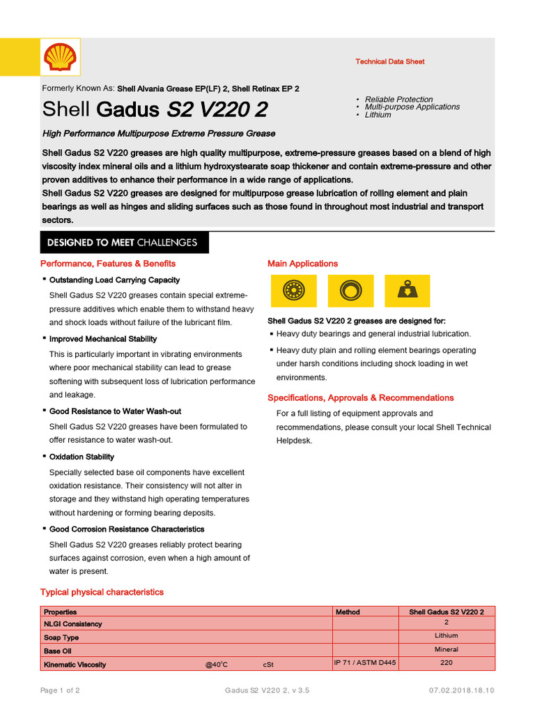 Shell Gadus S2 V220 2 Datasheet | PDF | Lubricant | Bearing (Mechanical)