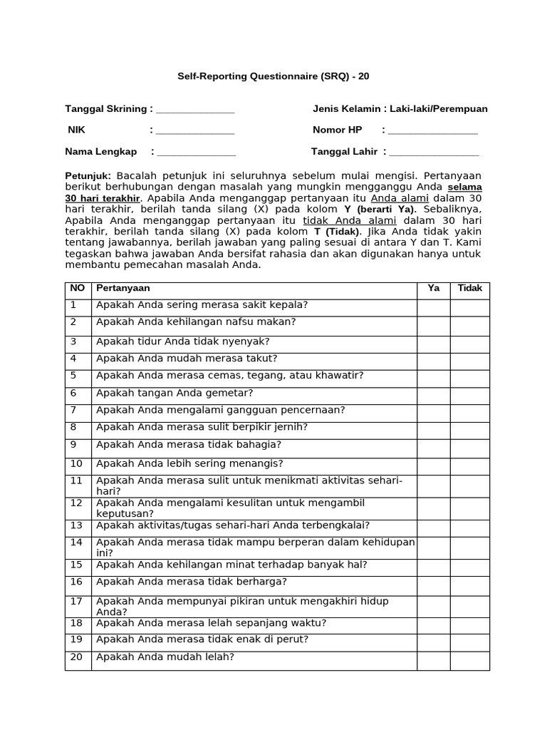 SRQ 20 Kuesioner Deteksi GME | PDF