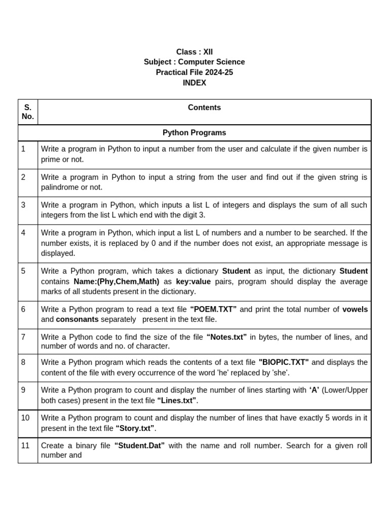 CS Practical File 2024-25 | PDF | Computer File | Sql