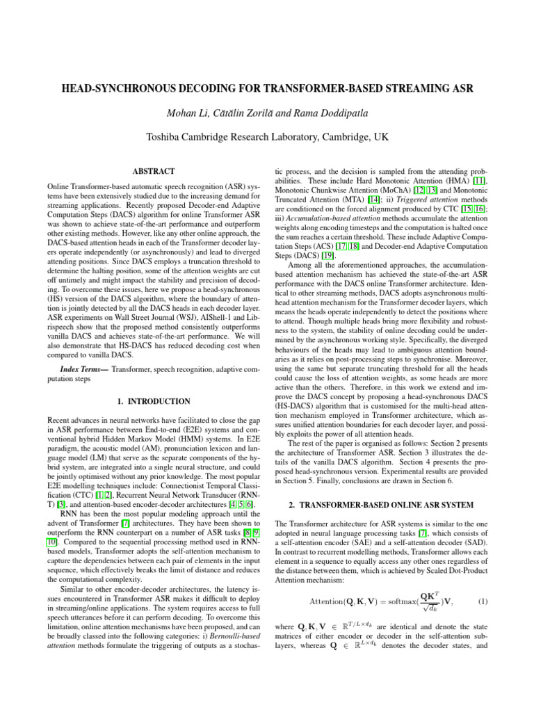 Head-Synchronous Decoding For Transformer-Based Streaming Asr | PDF | Speech Recognition ...