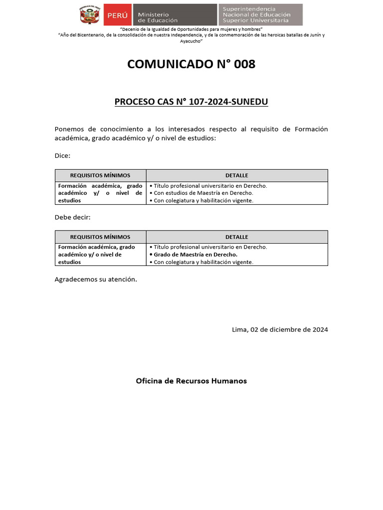 Requisitos Actualizados para CAS 107-2024 | PDF