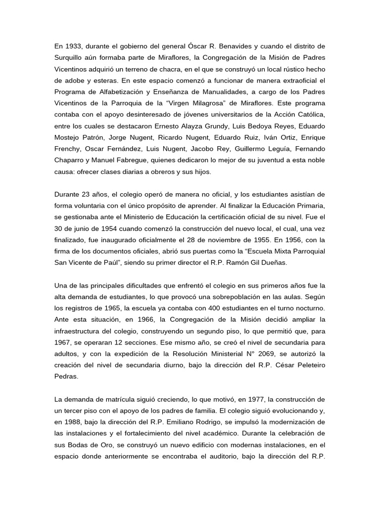 Historia del Colegio San Vicente de Paúl | PDF
