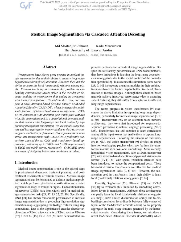 Rahman Medical Image Segmentation Via Cascaded Attention Decoding WACV 2023 Paper | PDF | Image ...