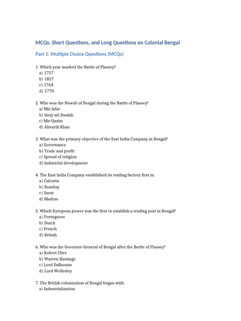 Colonial Bengal Questions | PDF