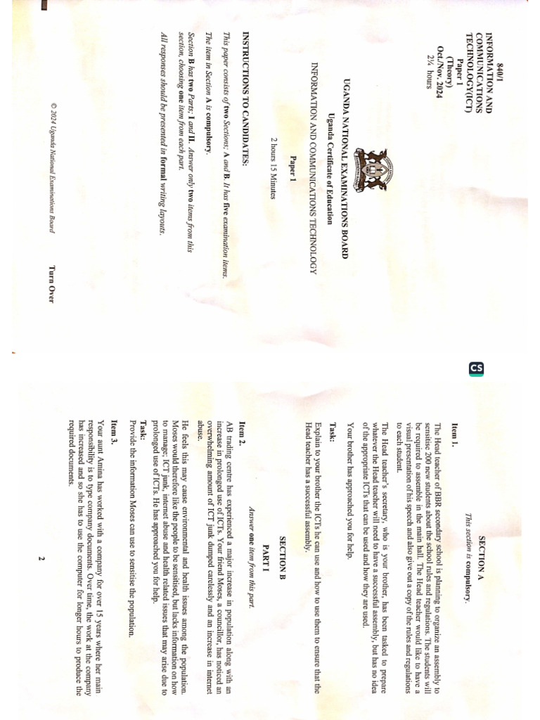 Uce 2024 Ict Paper 1 Exam | PDF