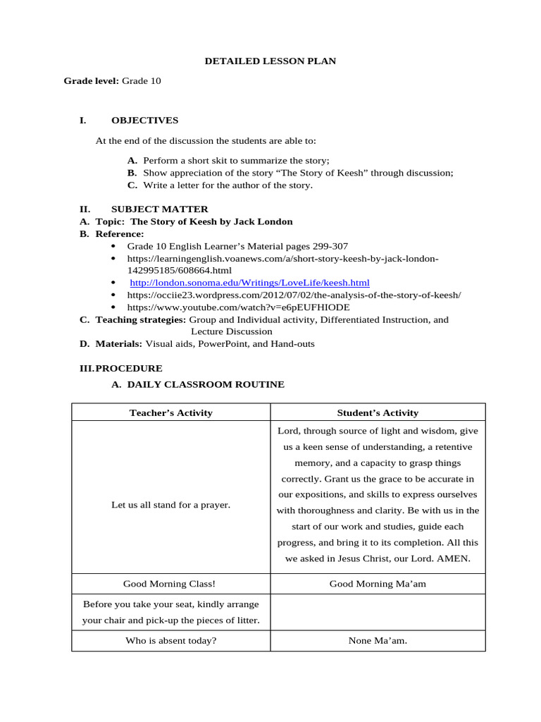 Grade 10 Lesson Plan: The Story of Keesh | PDF | Lesson Plan | Jack London