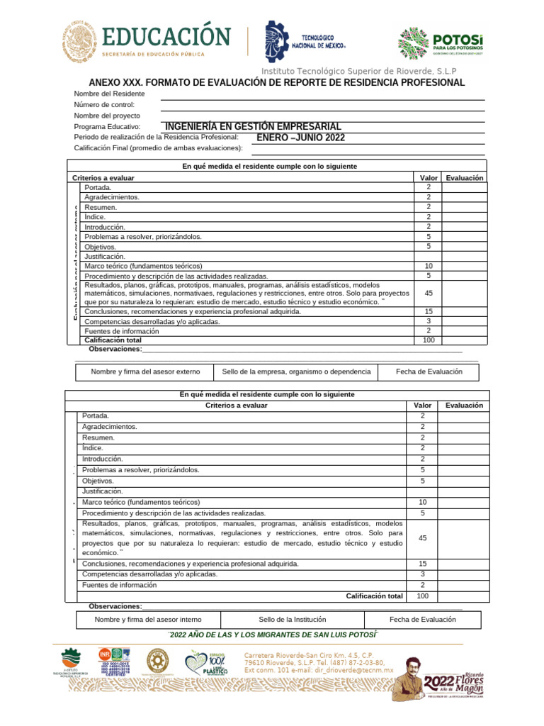 Anexo Xxx. Formato de Evaluación de Reporte de Residencia Prof Ad22 | PDF | Evaluación ...
