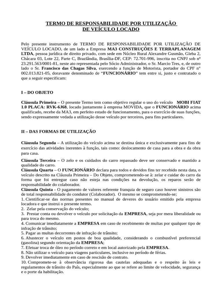 Termo de Responsabilidade Veículo Locado | PDF | Tráfego