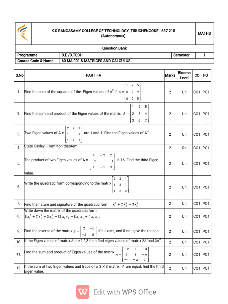 Matrices and Calculus-QB | PDF | Matrix (Mathematics) | Eigenvalues And ...