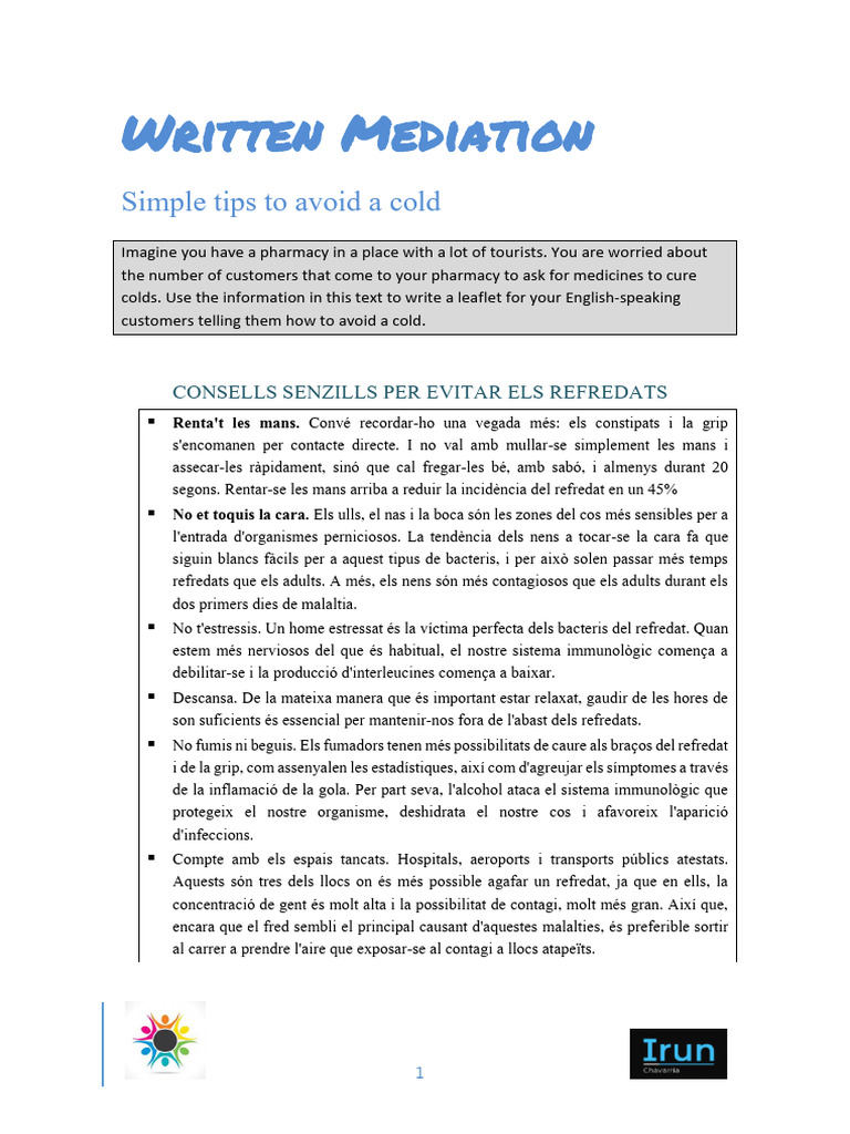 Tips To Avoid Colds. A Written Mediation Task. | PDF