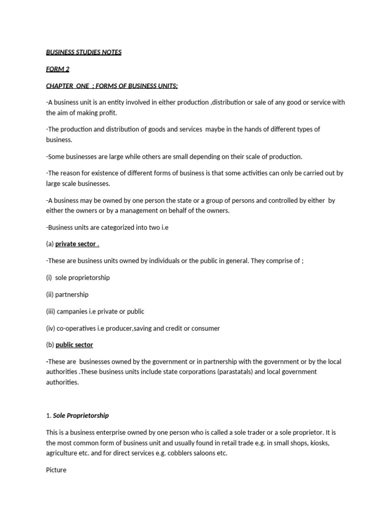 Business Studies Notes Form 3 Chapter On | PDF | Partnership | Sole ...