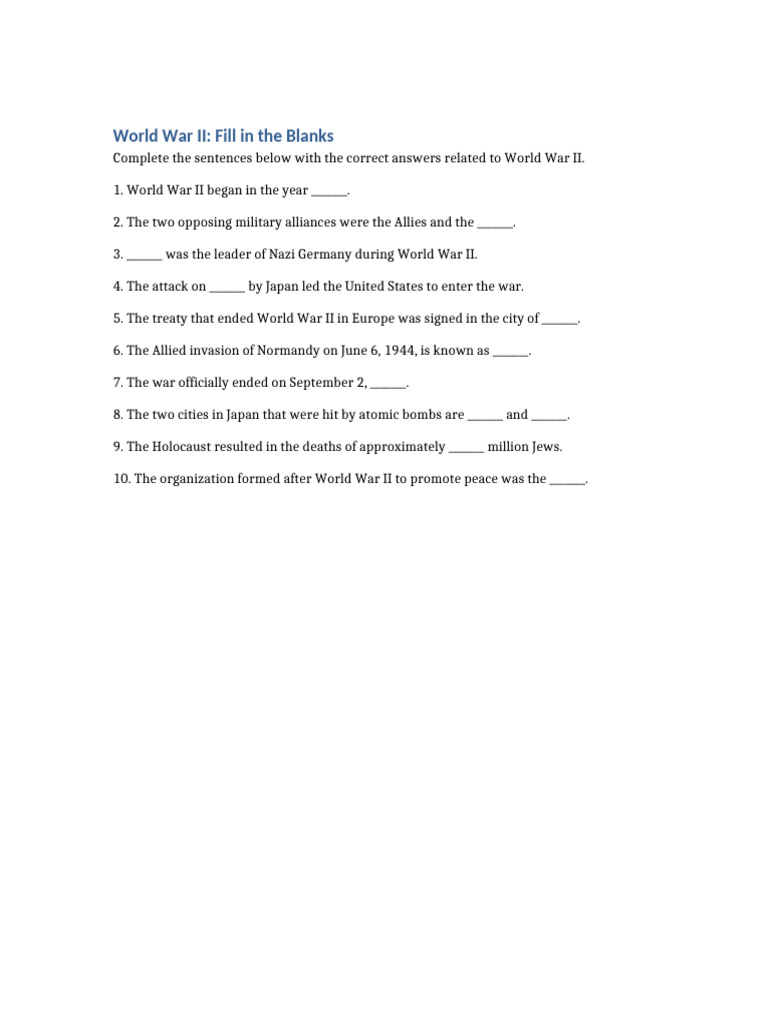 WWII Fill-in-the-Blank Worksheet | PDF