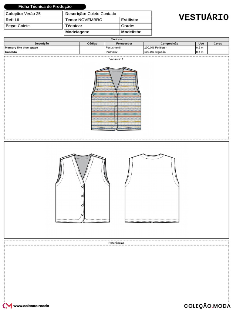 Ficha Técnica - Colete Contado Att 1 | PDF | Produtos têxteis (varejo) | Têxteis