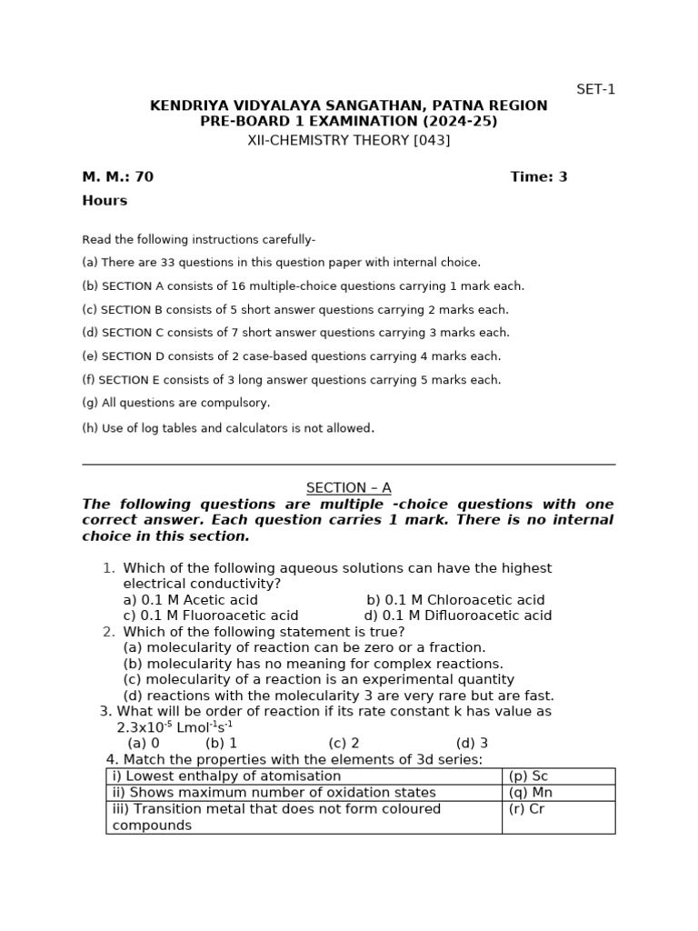 Set-1 QP PB-1 Chem 2024-25 | PDF | Coordination Complex | Molecules