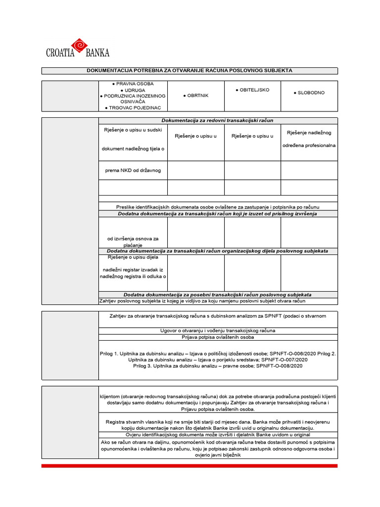 Dokumentacija Potrebna Za Otvaranje Računa Poslovnog Subjekta | PDF