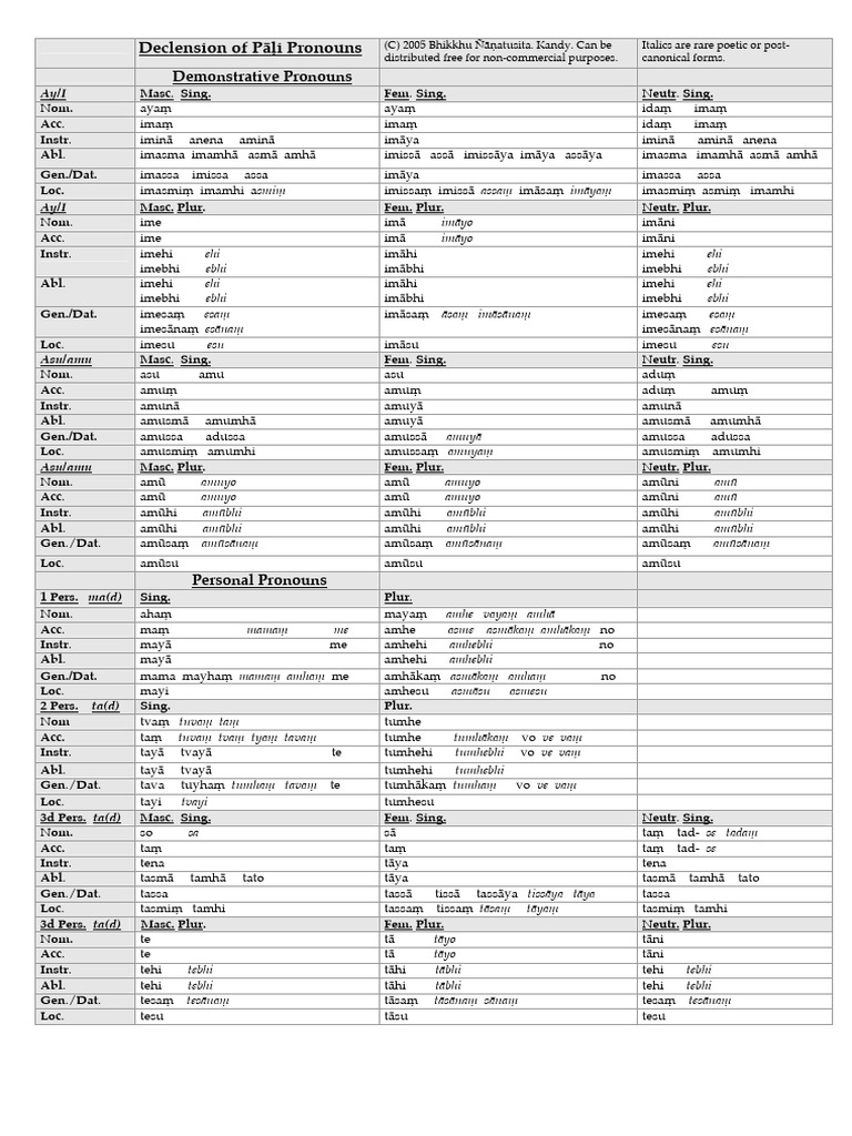 Pali Pronoun Declension | PDF