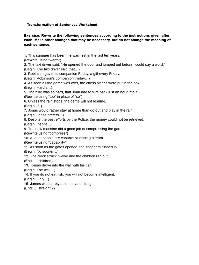 Sentence Transformation Exercises Worksheet | PDF
