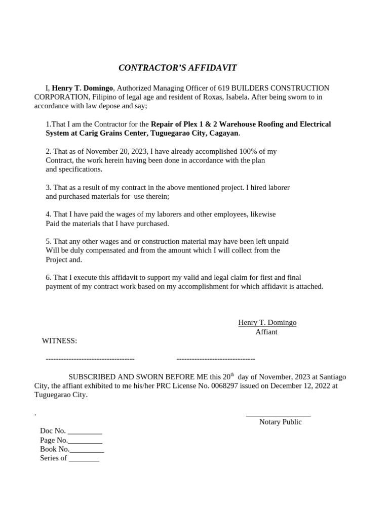 Contractor's Affidavit | PDF
