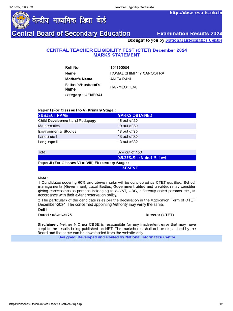 Teacher Eligibility Certificate - Komal CTET | PDF | Qualifications