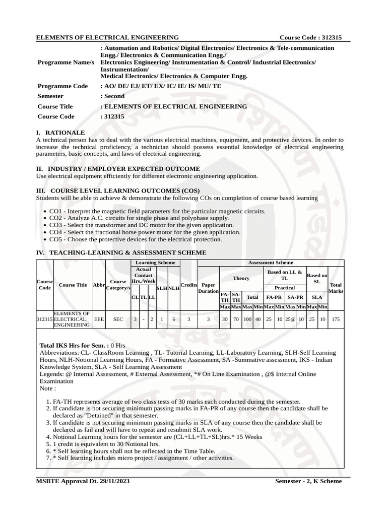ELEMENTS OF ELECTRICAL ENGINEERING (K Scheme Syllabus) | PDF ...