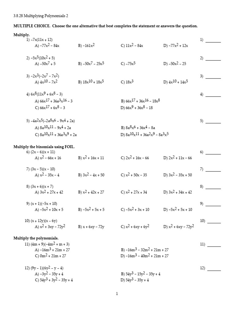 Multiplying Polynomials Practice Quiz | PDF | Algebra