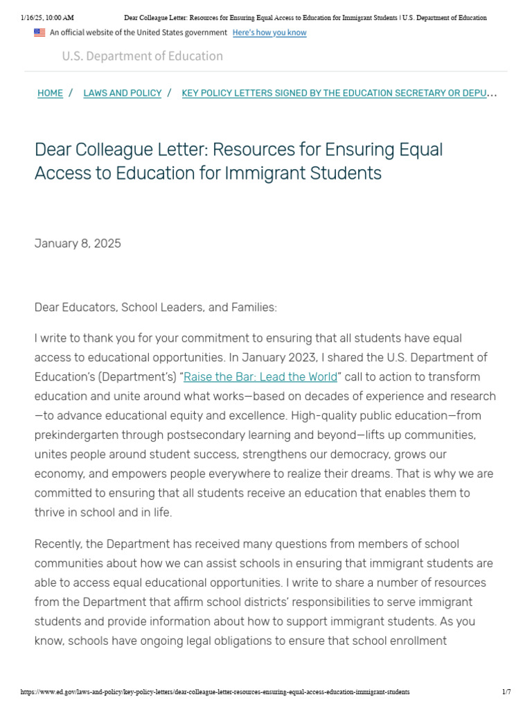 Dear Colleague Letter - Resources For Ensuring Equal Access To Education For Immigrant Students ...