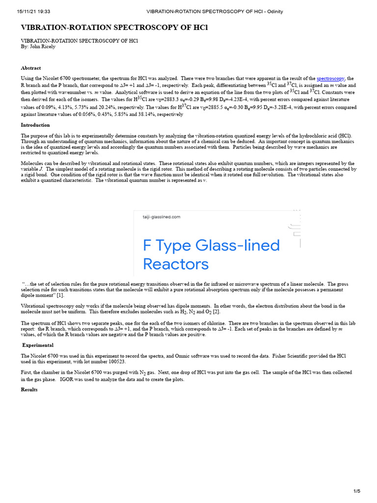 Vibration Rotation Spectroscopy Of Hcl Pdf Spectroscopy Molecules