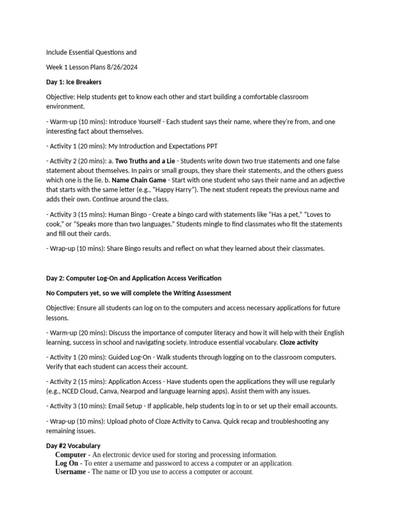 Week 1 Lesson Plan | PDF | Application Software | Vocabulary