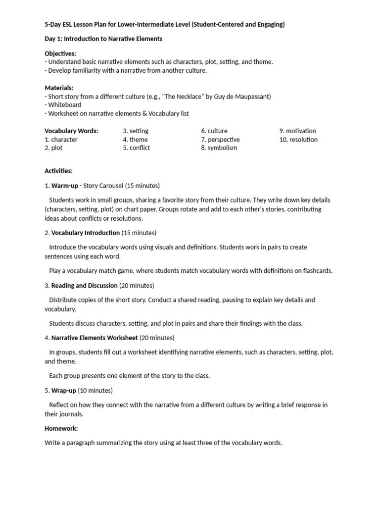 Week 5 Lesson Plan ShaheedH | PDF | Narrative | Plot (Narrative)