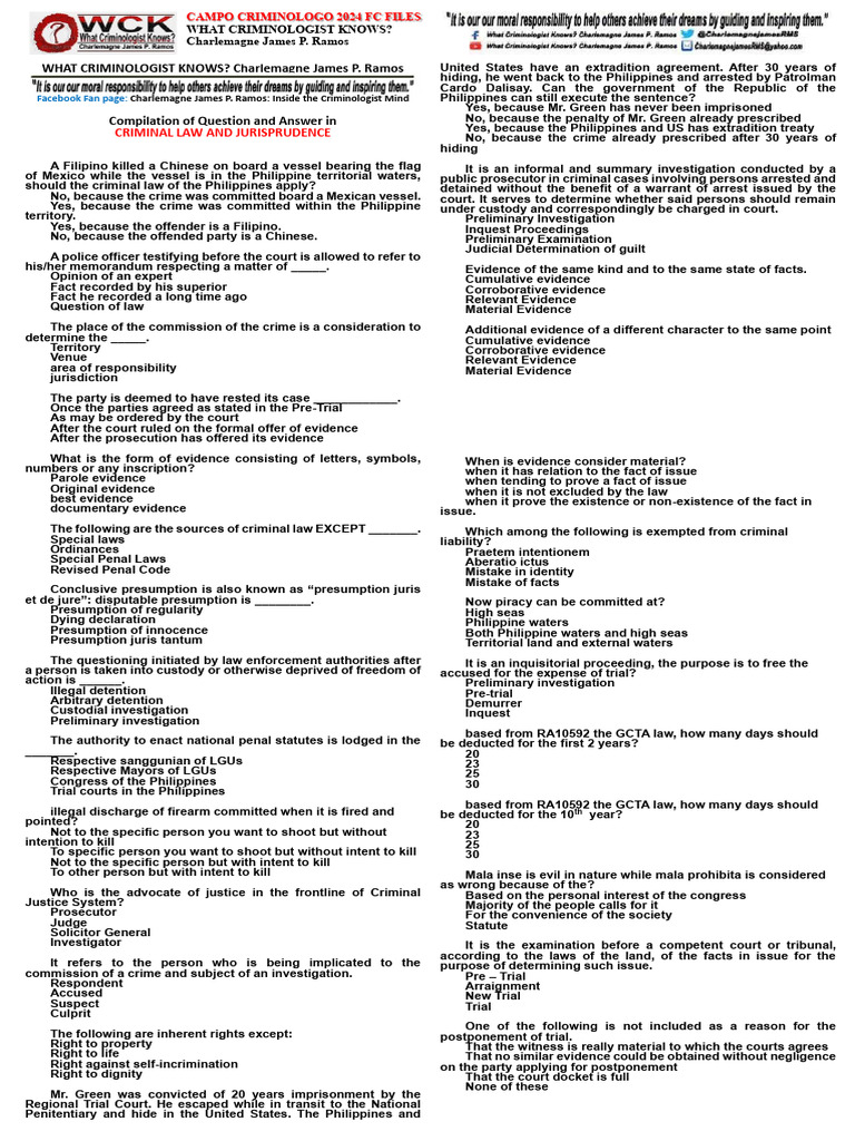 CLJ 2024 FC FILE - Docx Question Only | PDF | Prosecutor | Arrest