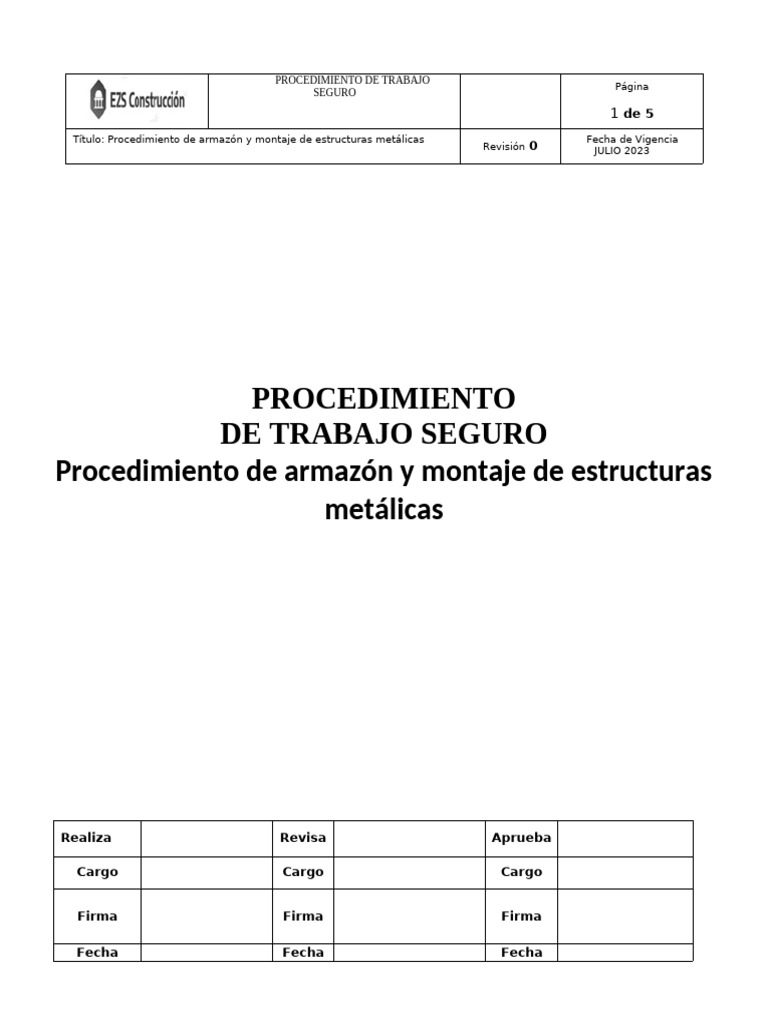Procedimiento de Trabajo Seguro montaje de estructuras metalicas | PDF | Soldadura | Construcción