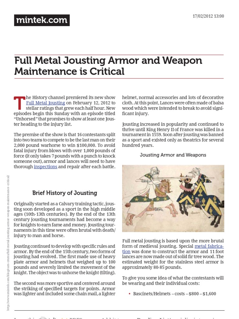 Jousting Armor and Weapon Maintenance | PDF | Sports