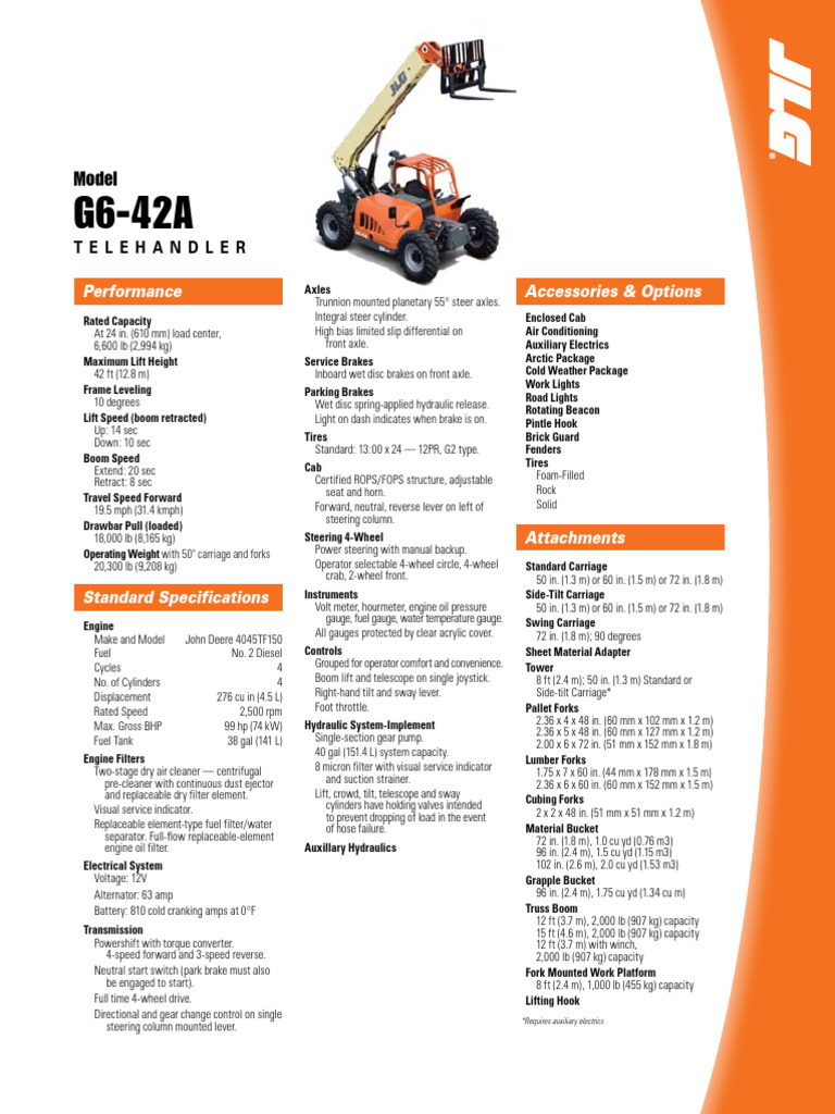 JLG G6-42A Telehandler Specifications | PDF | Truck | Vehicles