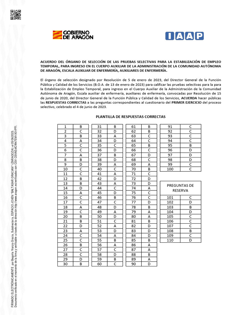 2023 06 05 Plantilla Respuestas Primer Ejer TCAE | PDF
