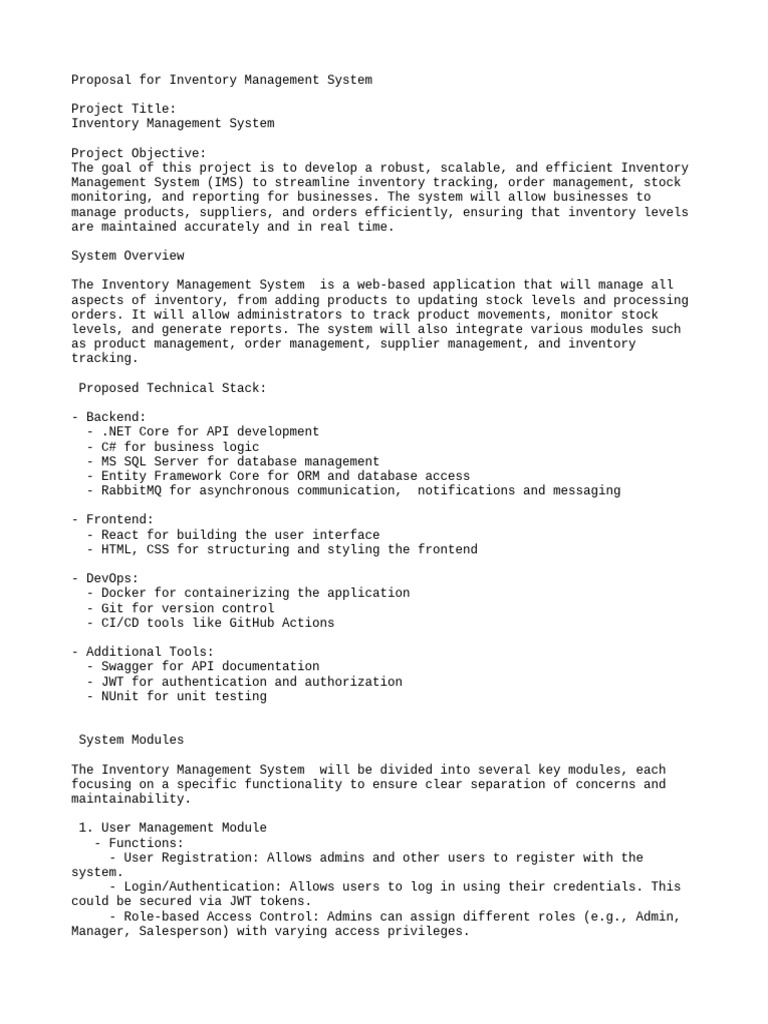 Proposal For Inventory Managemnet System | PDF | Databases | Software