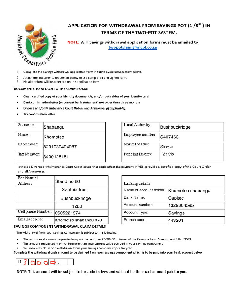 Two-Pot System Withdrawal Application Form | PDF | Identity Document ...
