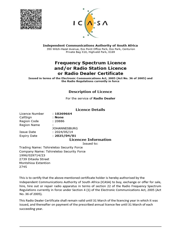 ICASA Radio Dealer Certificate Details | PDF
