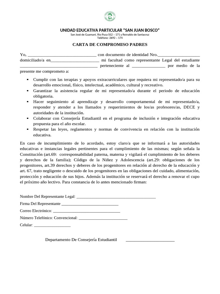 CARTA DE COMPROMISO PADRES | PDF