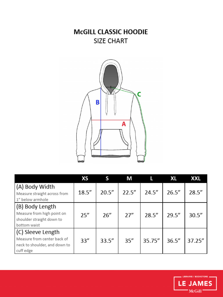 Mcgill Classic Hoodie - Size Chart 0 | PDF