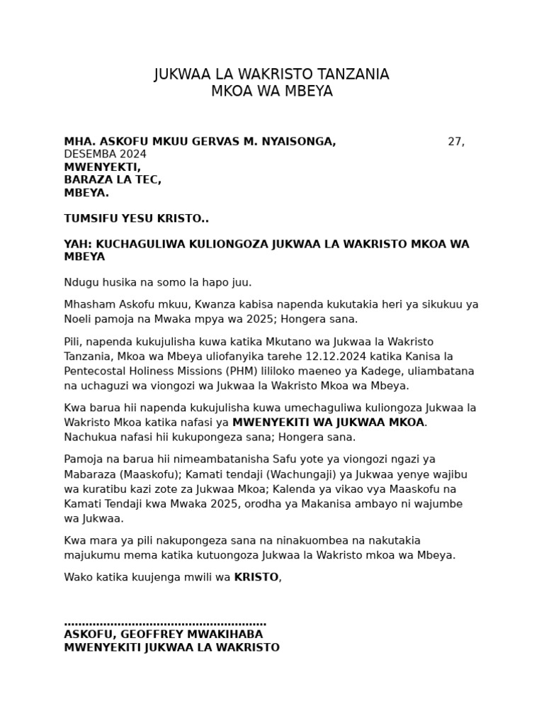 Barua Za Kuchaguliwa Kuliongoza Jukwaa 2025 | PDF