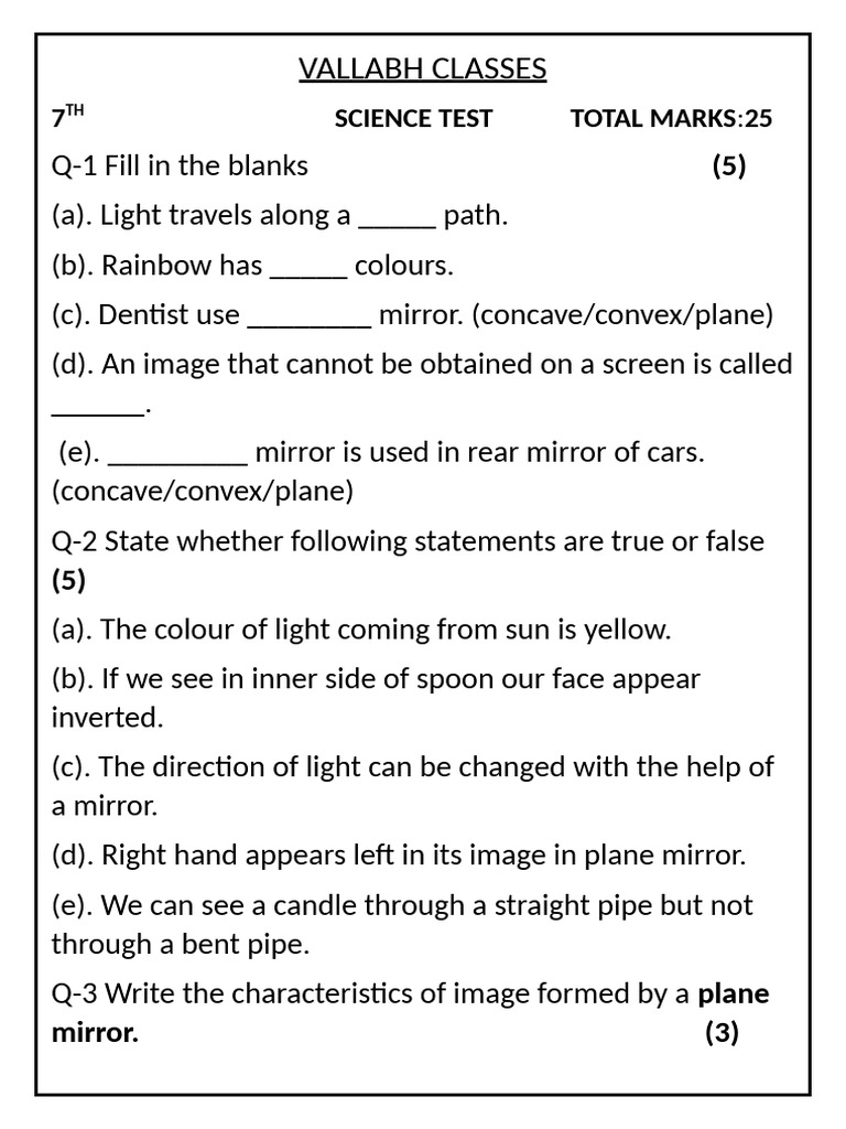 7th Grade Science Test: Light & Mirrors | PDF