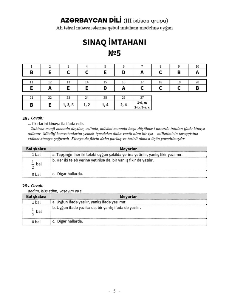 Azerbaycan Dili Qrup 3 AZ Sinaq 5 | PDF