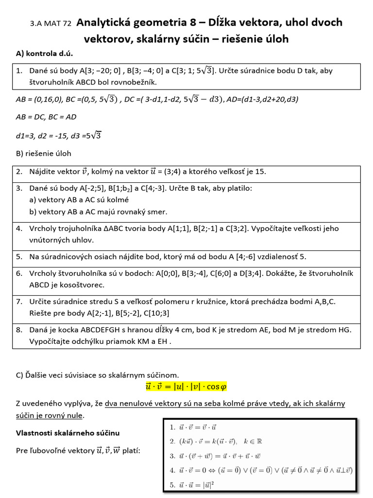 3.A MAT 73 Analytická Geometria 8 - Dĺžka Vektora, Uhol Dvoch Vektorov ...