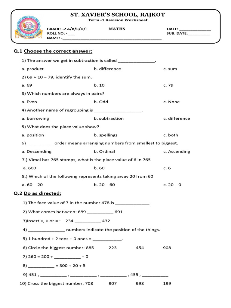 Grade 2 Maths Revision Worksheet | PDF | Arithmetic | Mathematics