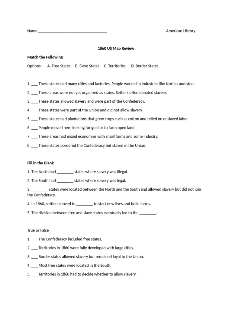 US 1860 Map Review Worksheet | PDF | Slavery | Confederate States Of ...