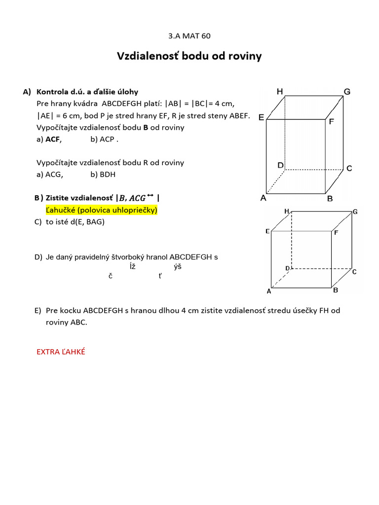 3.A MAT 60 Uhol Priamky A Roviny, Vzdialenosť Bodu Od Roviny | PDF